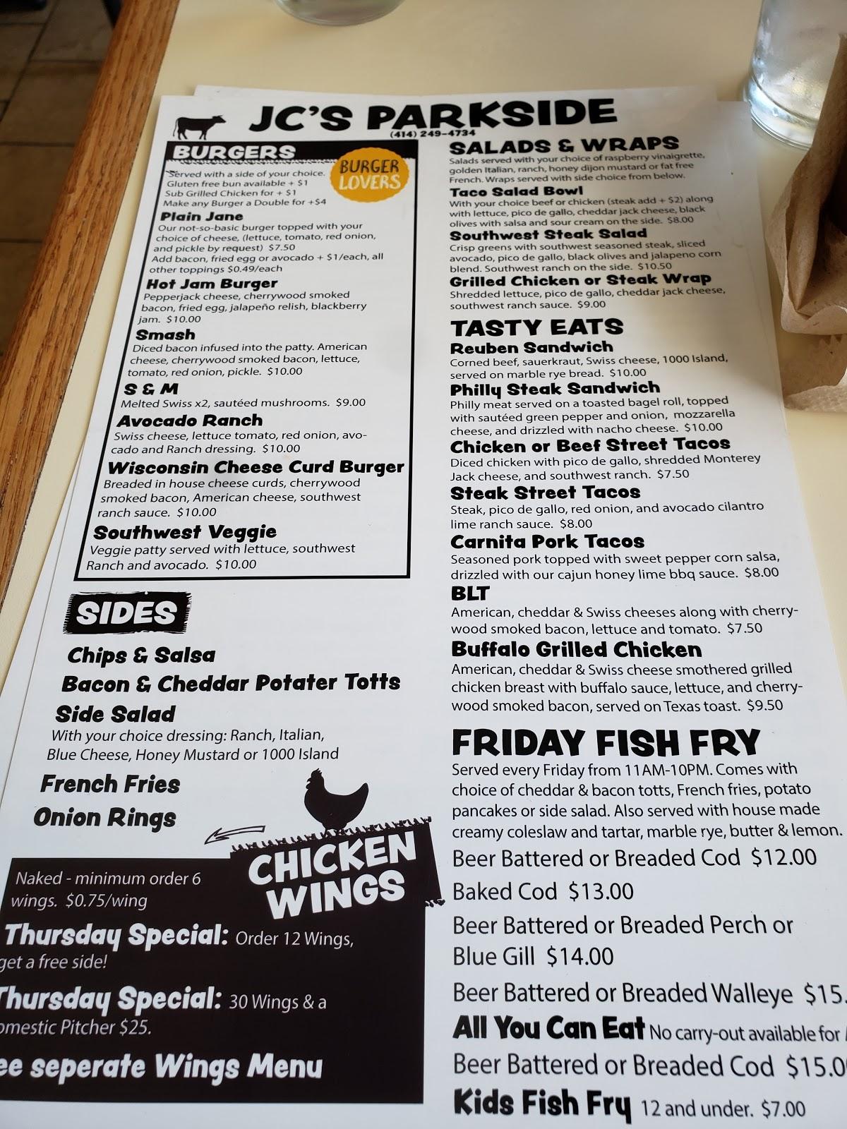 Menu at JC's Parkside Pub & Grill, Cudahy