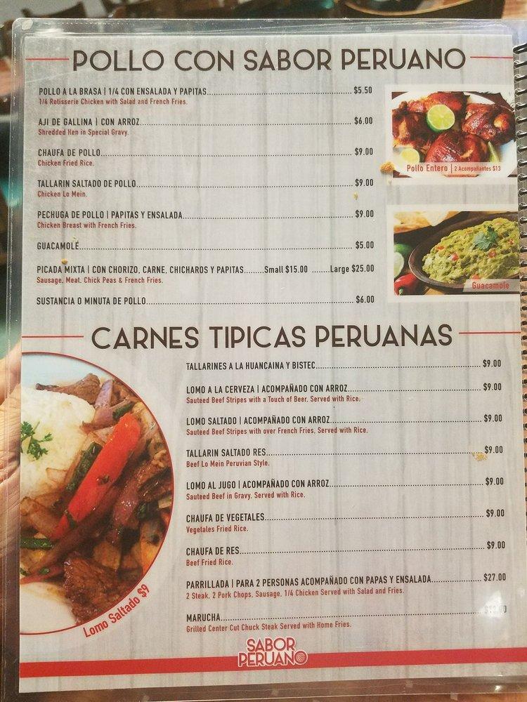 Menu at Sabor Peruano restaurant, West New York, Bergenline Ave