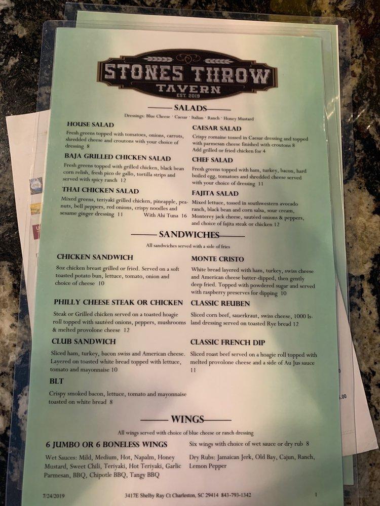 Menu at Stones Throw Tavern pub & bar, Charleston