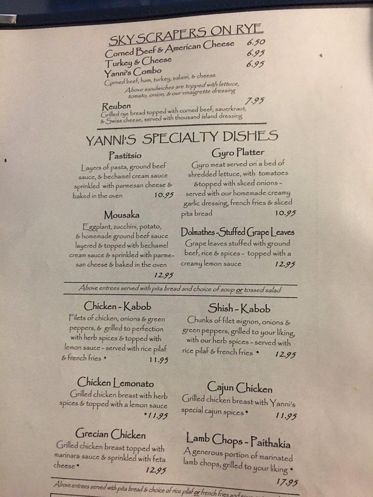 Menu at Yanni's Greek Restaurant, Columbus