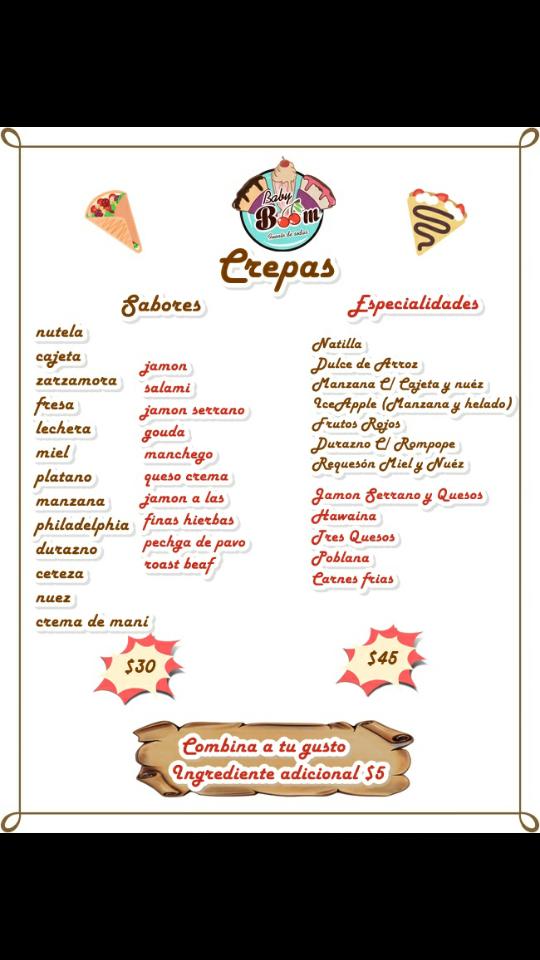 Menu at Baby Boom cafe, Apizaco