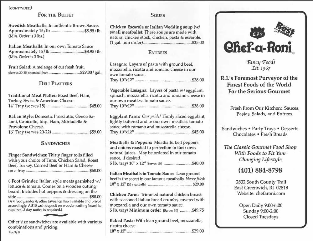 Menu at Chef-a-roni Fancy Foods restaurant, East Greenwich