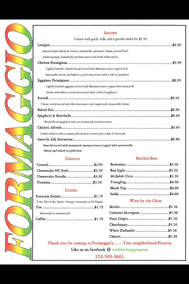 Menu at Formaggio Pizza and Italian Restaurant, Ocala