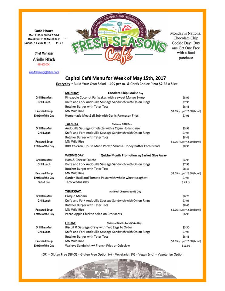 Carta de Fresh Seasons Café At MN Capitol Building, Saint Paul