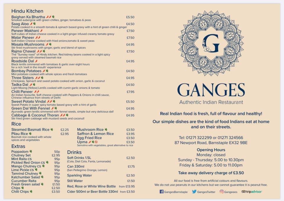 Menu at The Ganges restaurant, Barnstaple