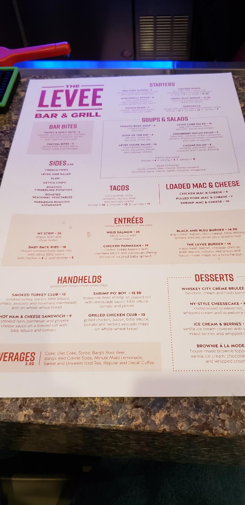 Menu at Levee Bar and Grill, Lawrenceburg, 51 Walnut St