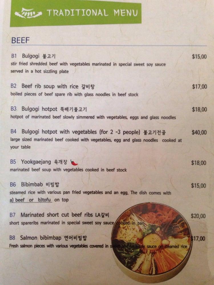Menu at Little Korea restaurant, Hamilton