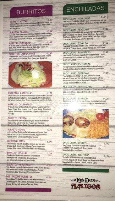 Menu at Los Dos Amigos restaurant, Miami