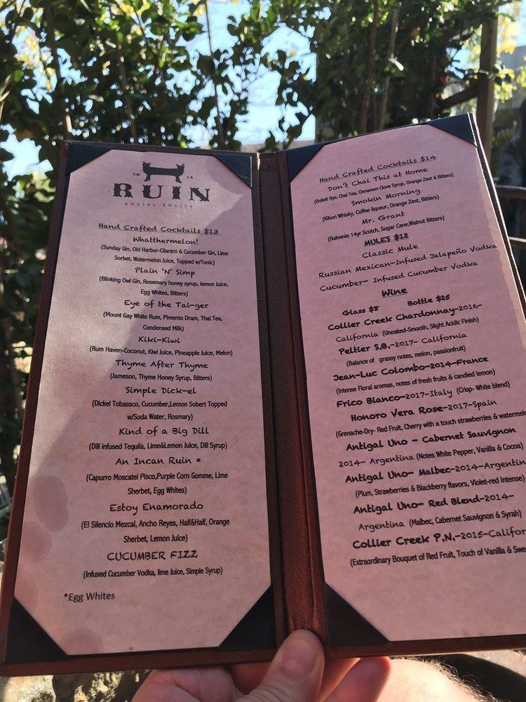 Menu at Ruin Bar, Costa Mesa