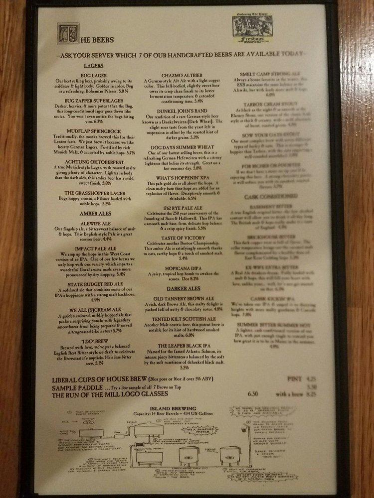 Carta del pub y bar Run of the Mill, Saco