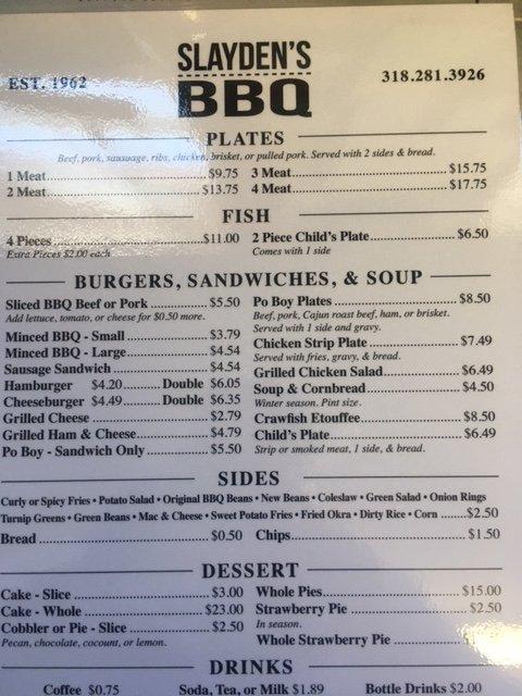 Menu at Slayden's Bar-B-Que, Bastrop