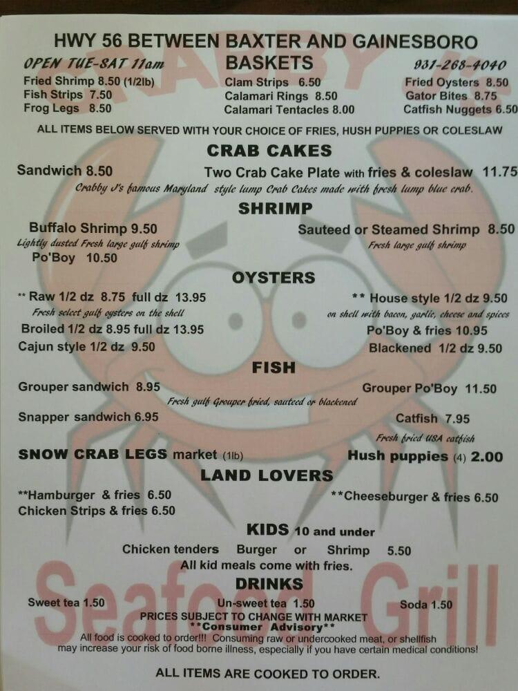 Menu at Crabby J's restaurant, USA