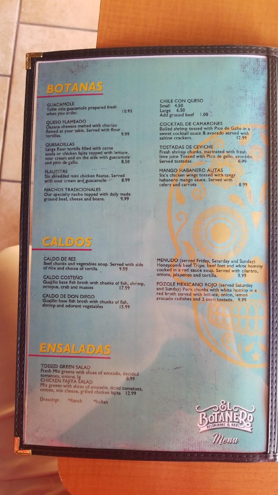 Carta de El Botanero Bar, Dallas