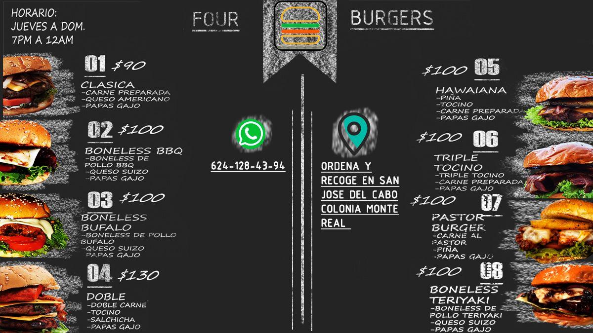 Menu at Four Burgers restaurant, San José del Cabo