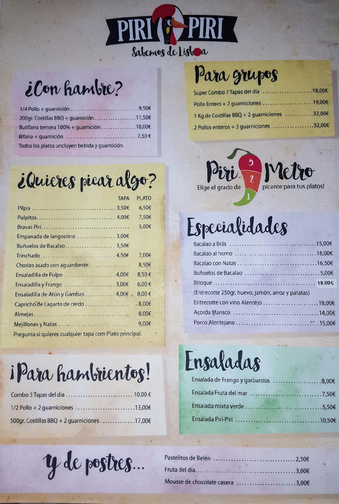 Carta del restaurante Piri Piri Lisboa, Villanueva y Geltrú