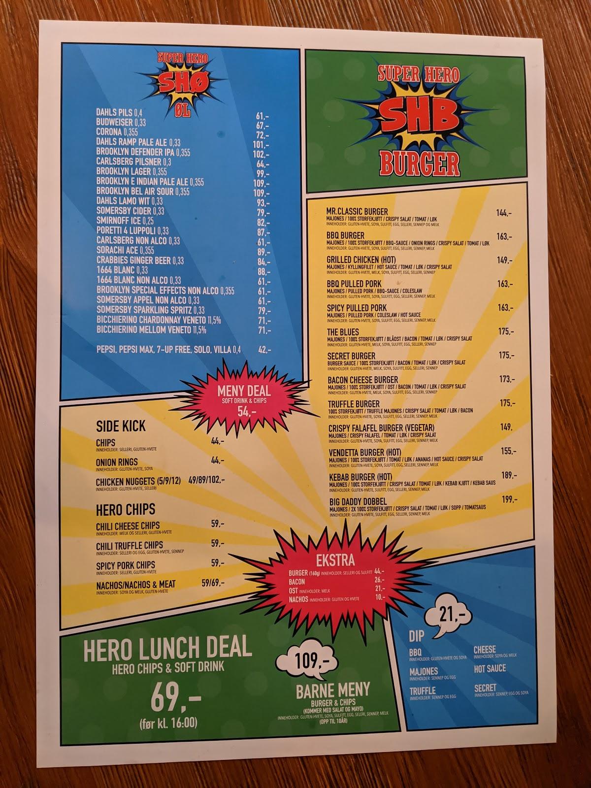 Menu at Super Hero Burger restaurant, Trondheim