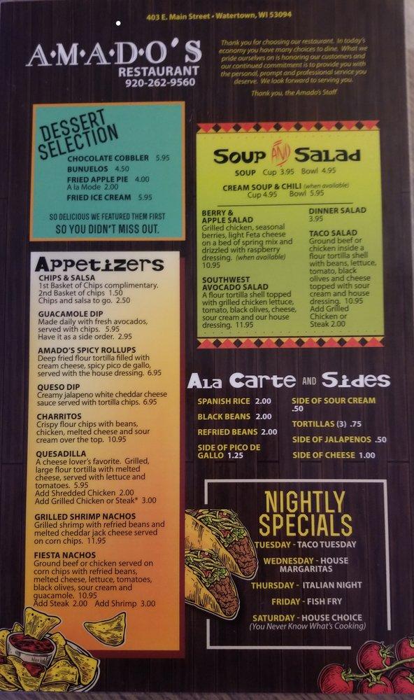 Menu at Amado's restaurant, Watertown
