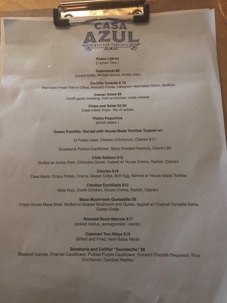 Menu at Casa Azul restaurant, Buffalo, 191 Allen St