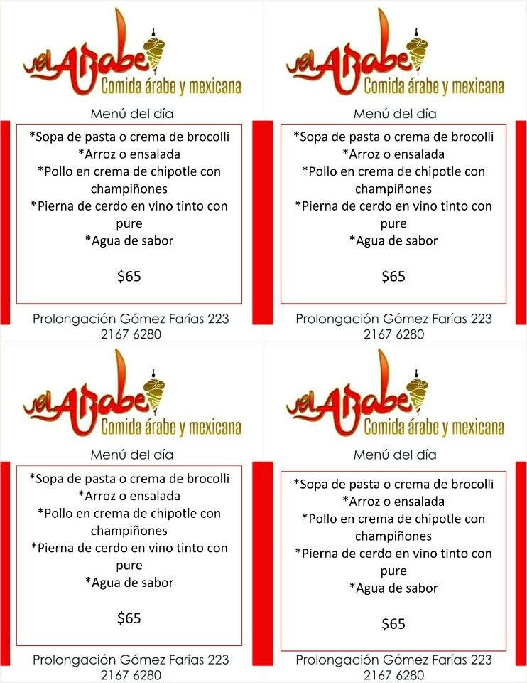 Carta del restaurante El Árabe, Ciudad del México, Gómez Farias 223A