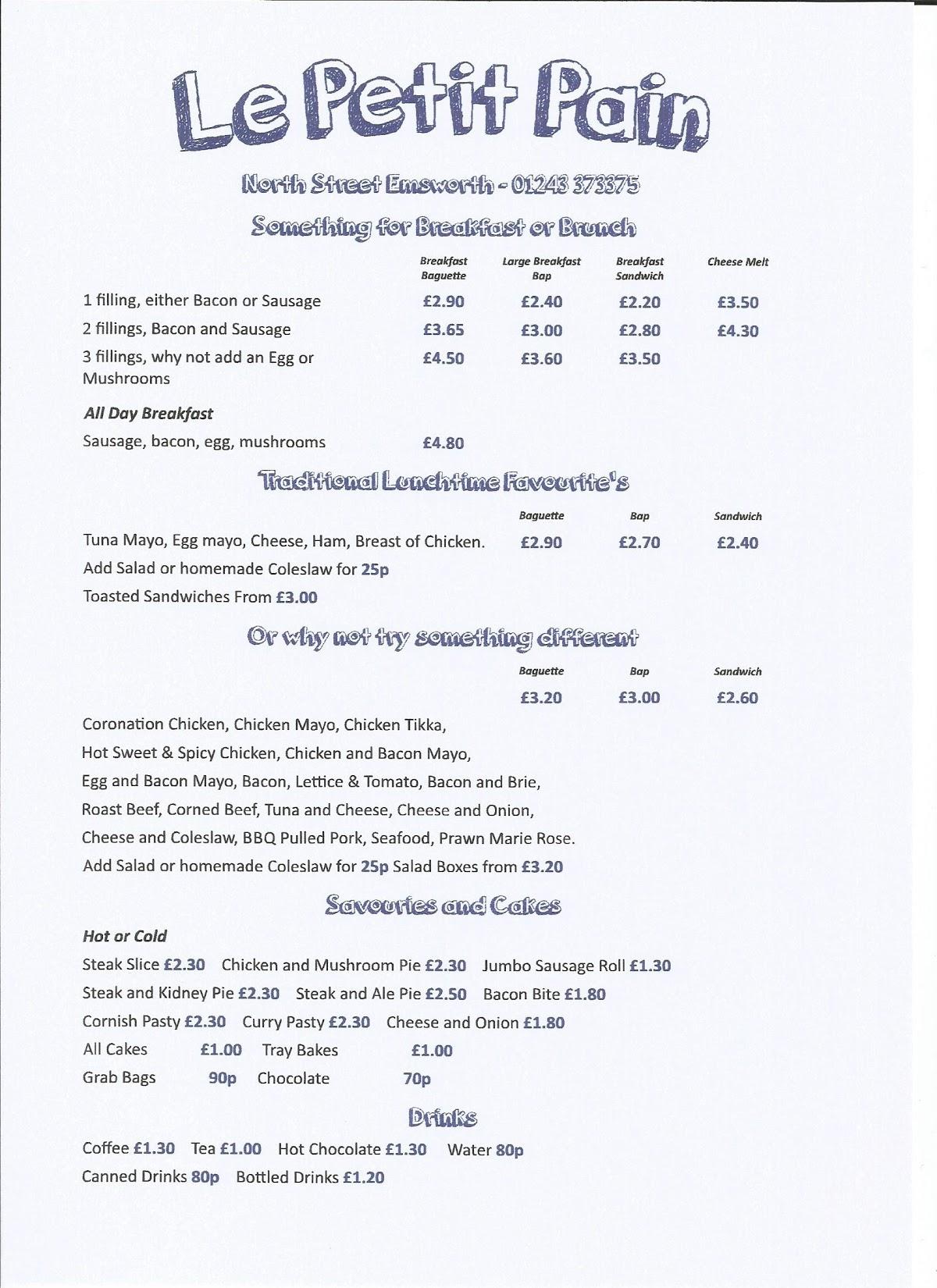 Menu at Le Petit Pain fast food, Emsworth, 14 North St