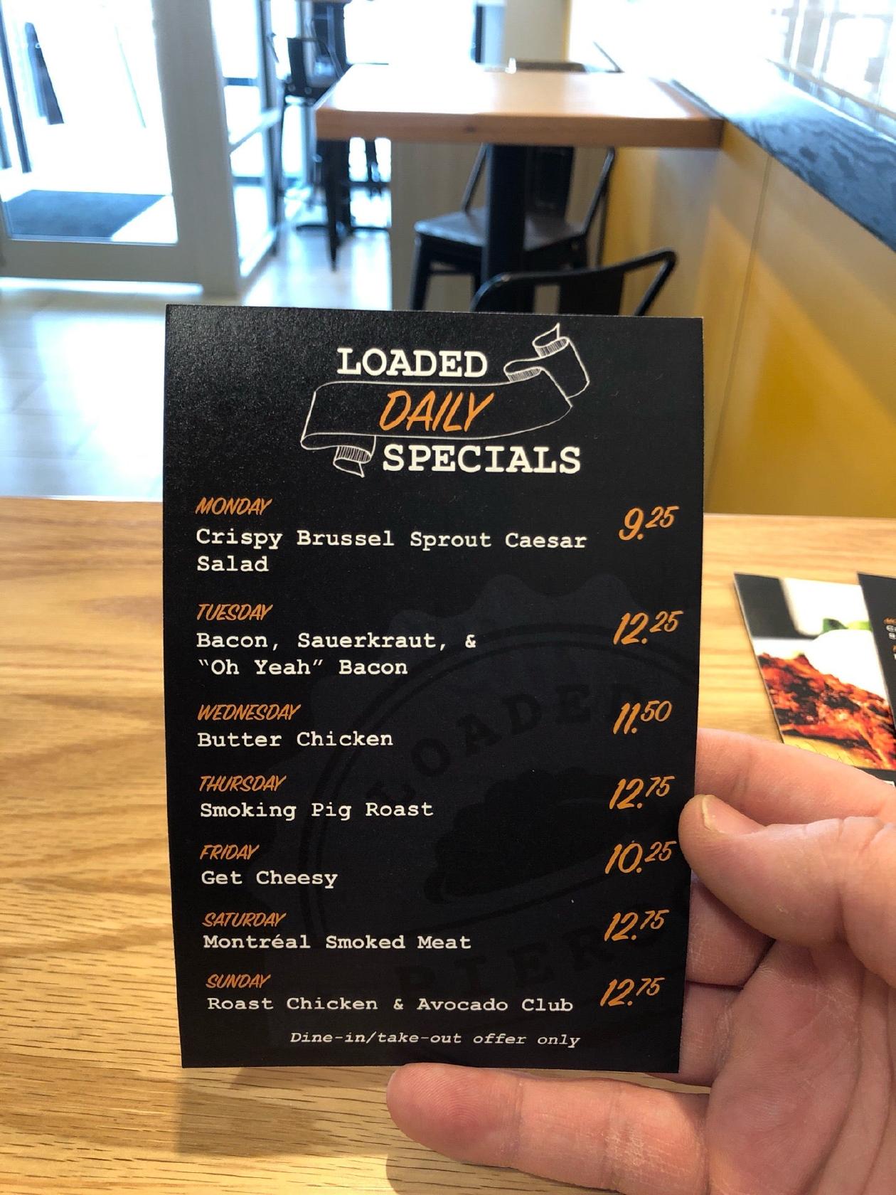 Menu at Loaded Pierogi fast food, Edmonton