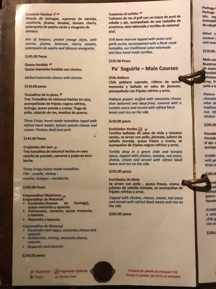Menu at Los Tres Gallos restaurant, Cabo San Lucas, Leona Vicario esquina