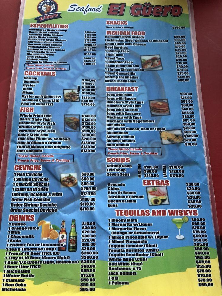 Menu at Mariscos El Guero restaurant, San Felipe