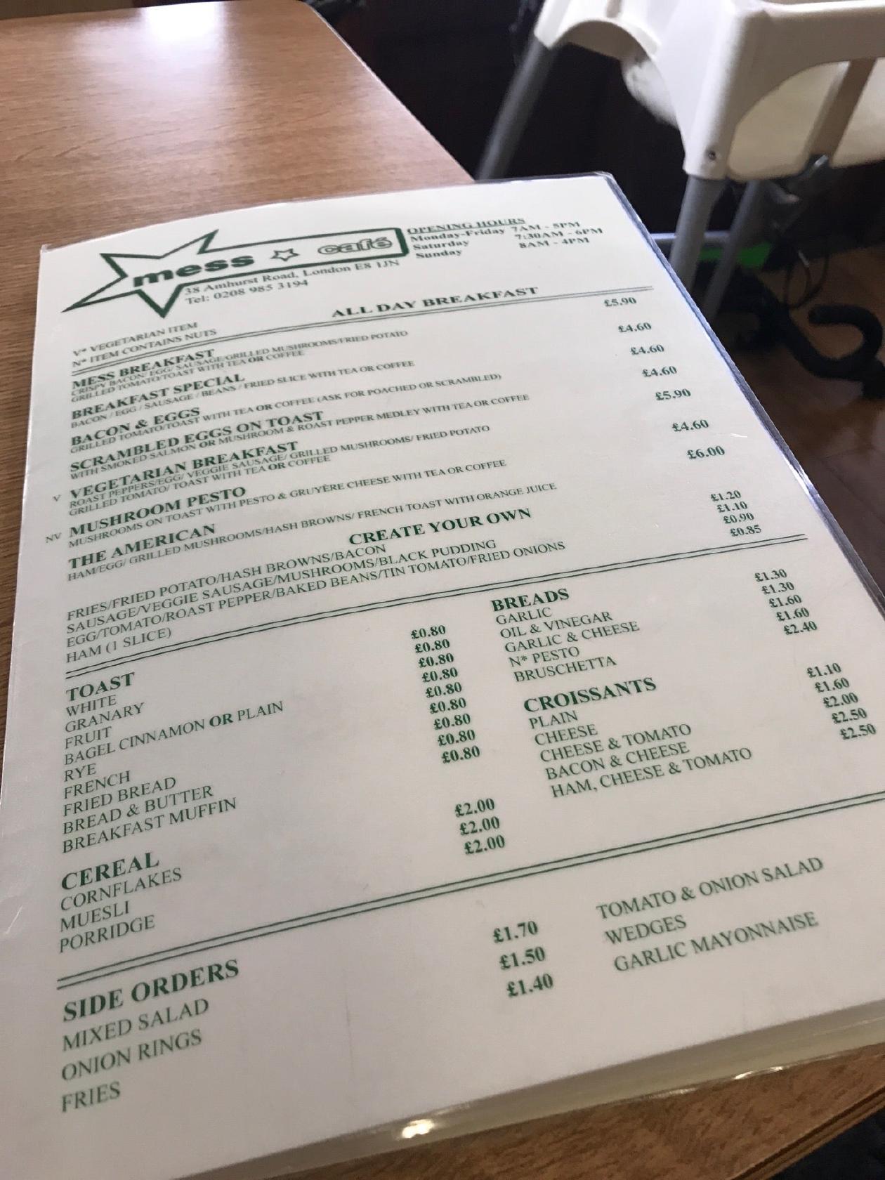Menu at Mess Cafe, London, 38 Amhurst Rd