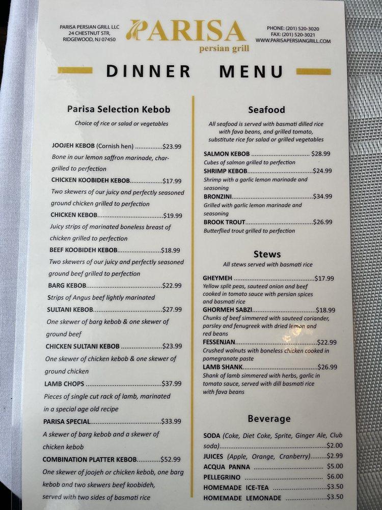 Menu at Parisa Persian Grill restaurant, Ridgewood
