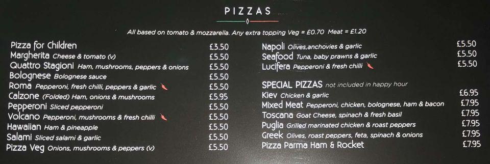 Menu at Primavera restaurant, Gateshead