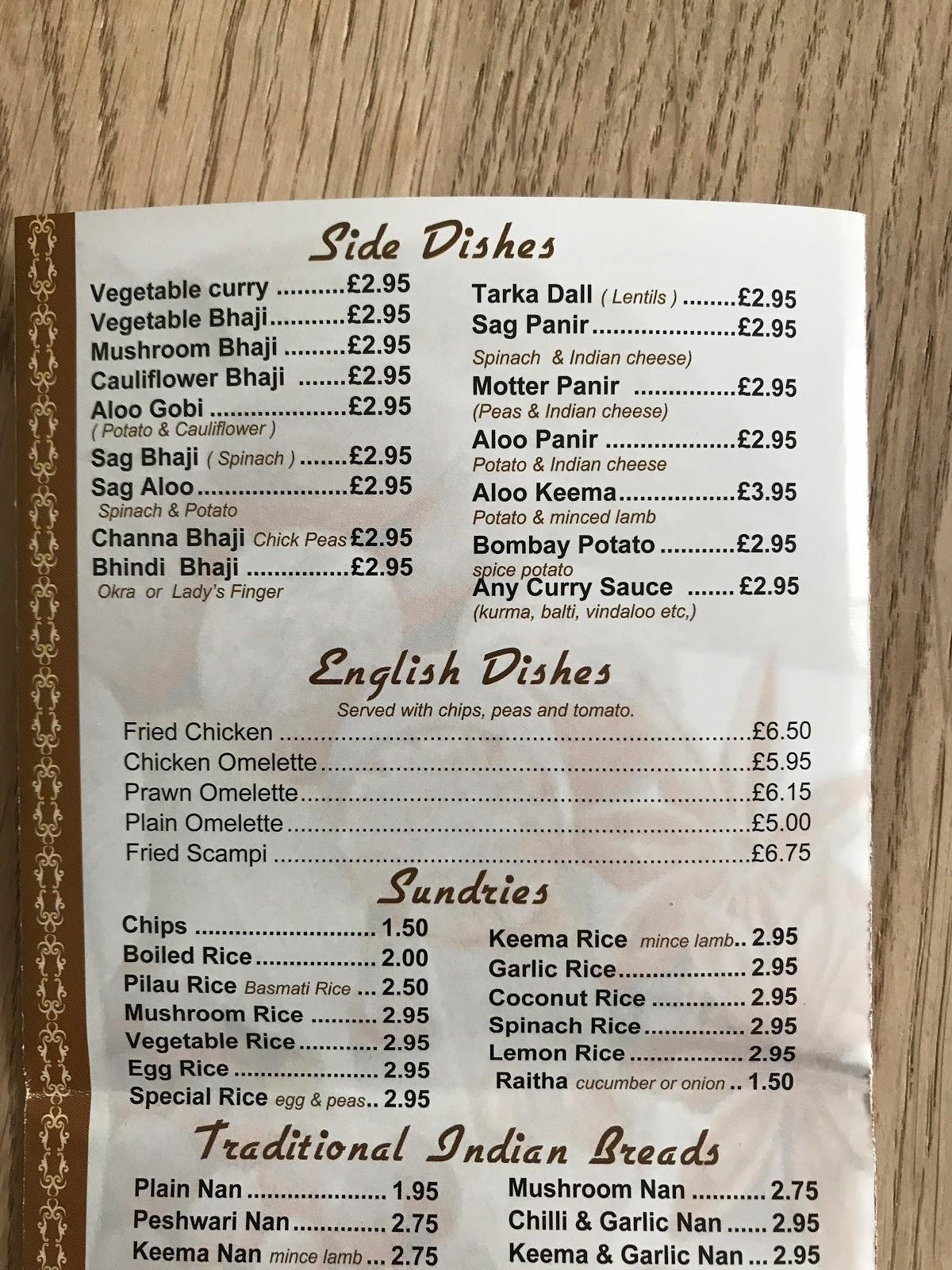 Menu at Raj Mohal restaurant, Louth