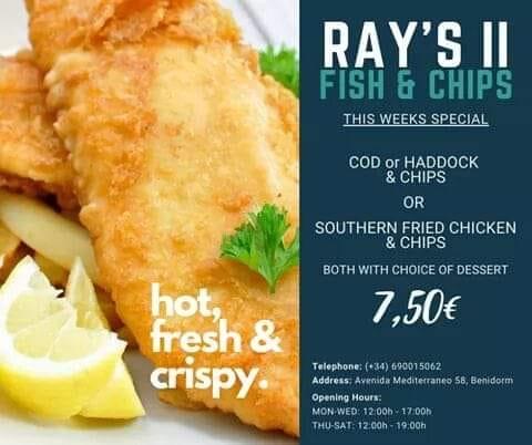 Menu at Rays II Chippy fast food, Benidorm