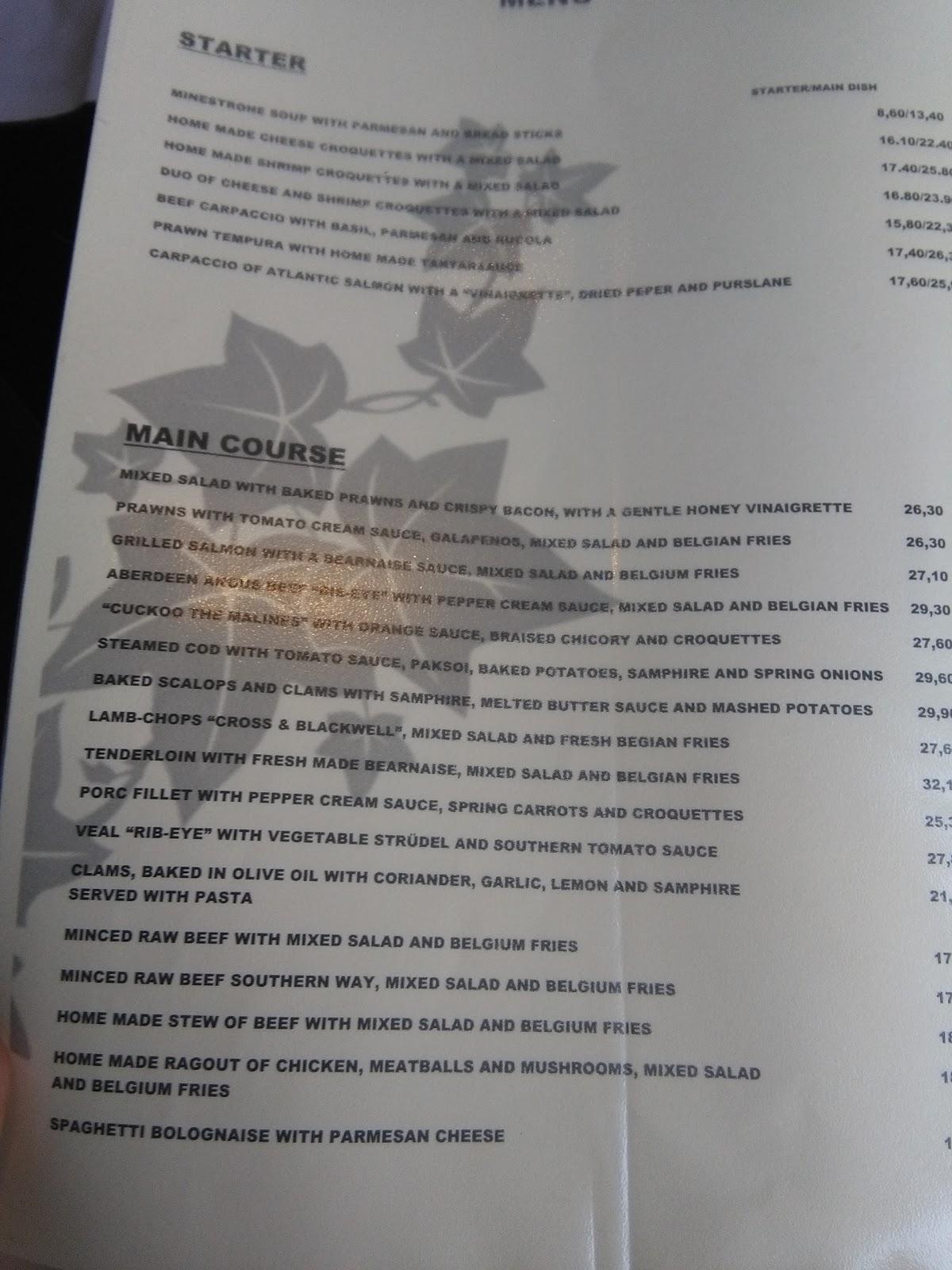 Menu at Restaurant “De Klimop”, Leuven