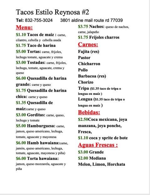Menu at Tacos Estilo Reynosa #2 restaurant, Houston, Aldine Mail Rte Rd