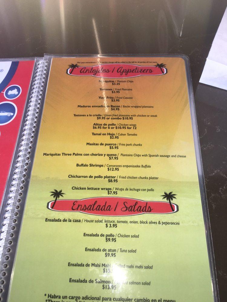 Menu at Three Palms Cuban Cafe, Miami