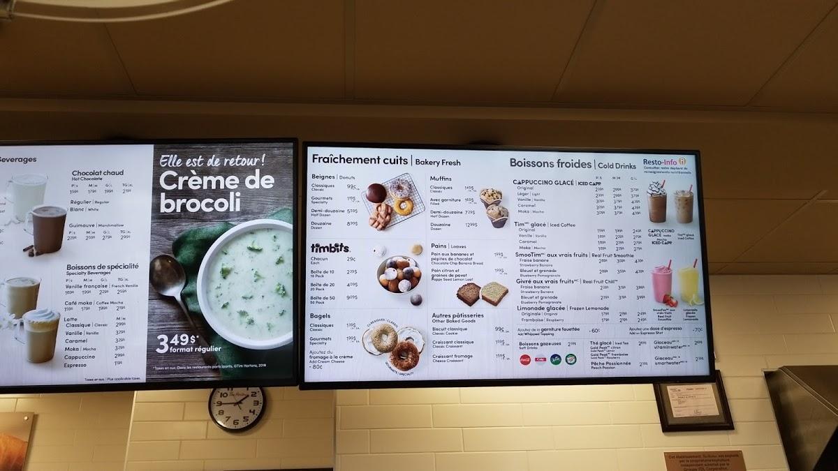 Menu at Tim Hortons restaurant, Acton Vale