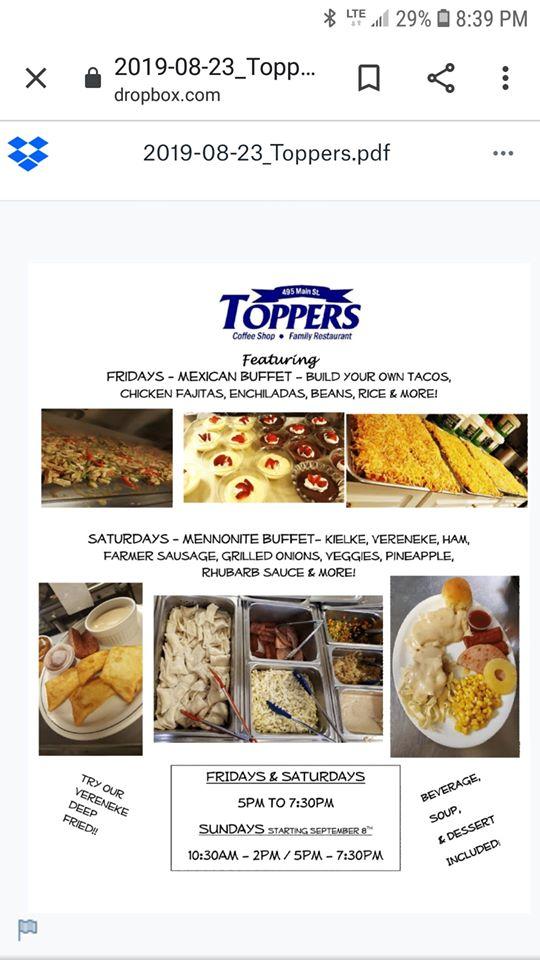 Menu at Toppers Family Restaurant Inc., Winkler