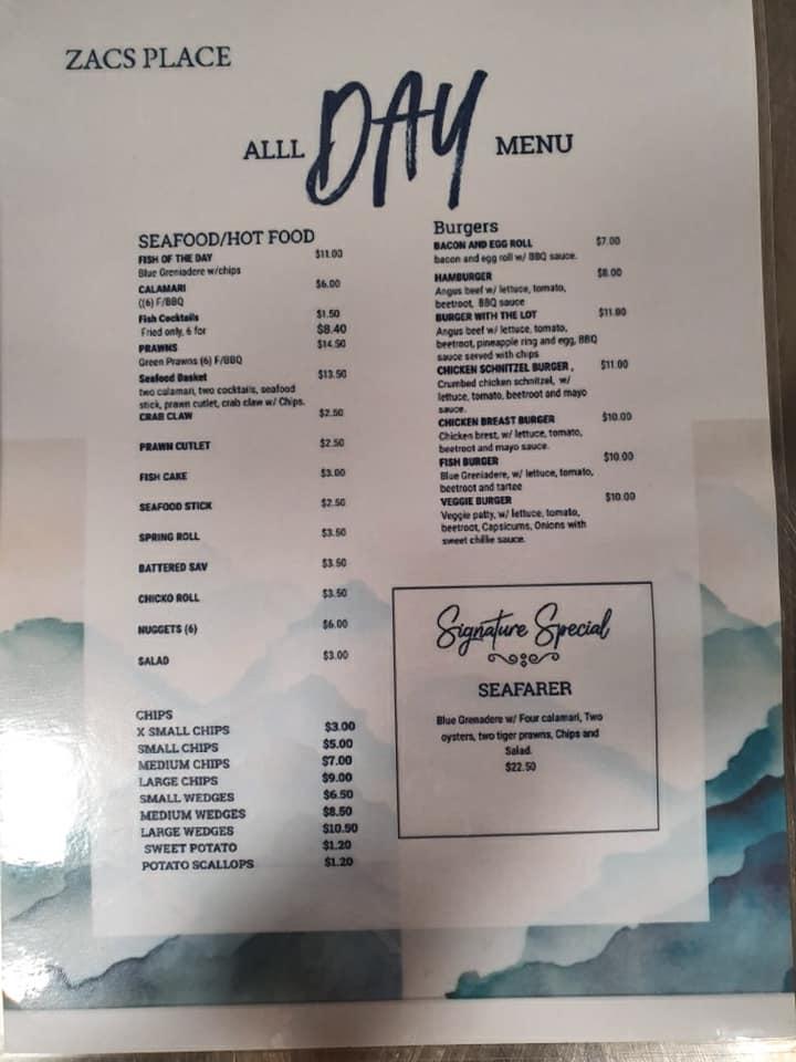 Menu at Zac's Place restaurant, Currarong