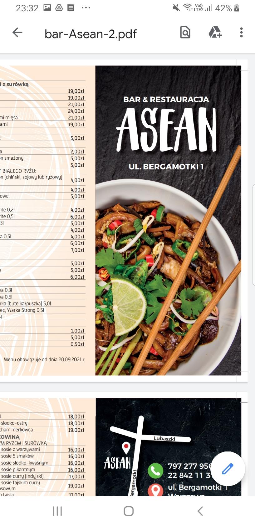 Menu at Bar Restauracyjny ASEAN, Warsaw