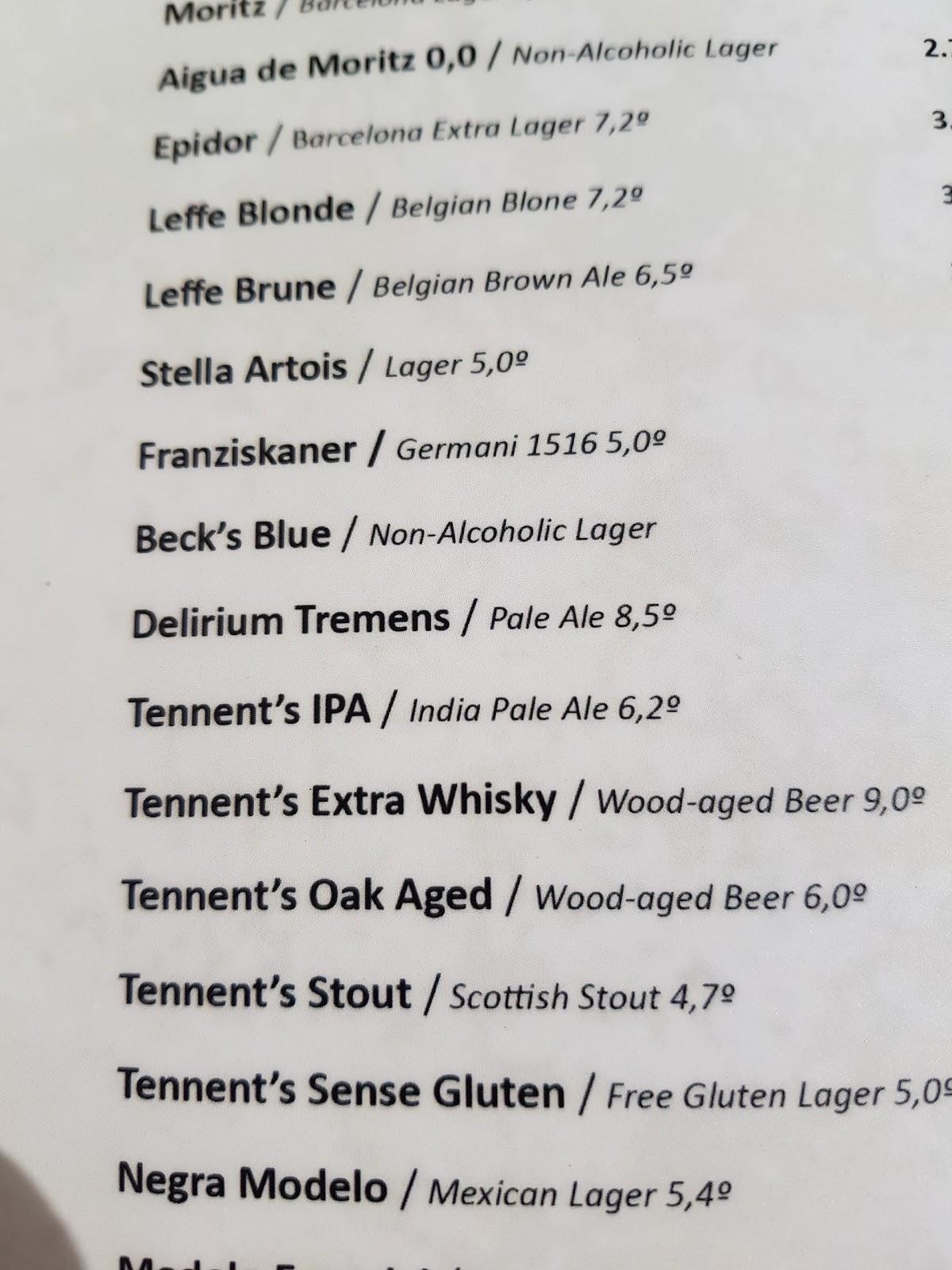 Menu at Dukes Bar, Glasgow