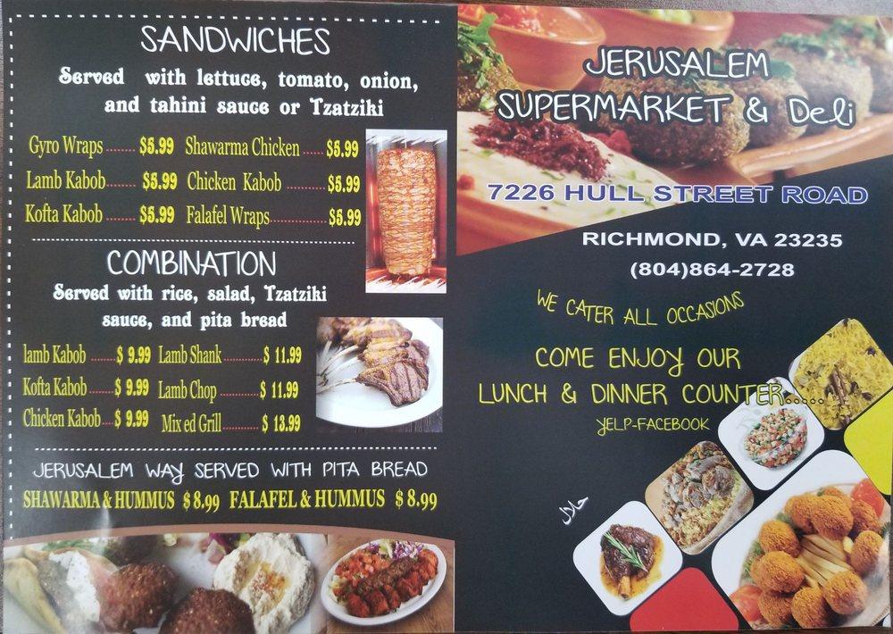 Menu at Jerusalem Supermarket and deli restaurant, Richmond