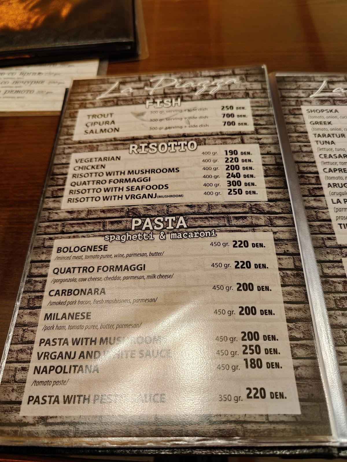Menu at La Piazza restaurant, Prilep
