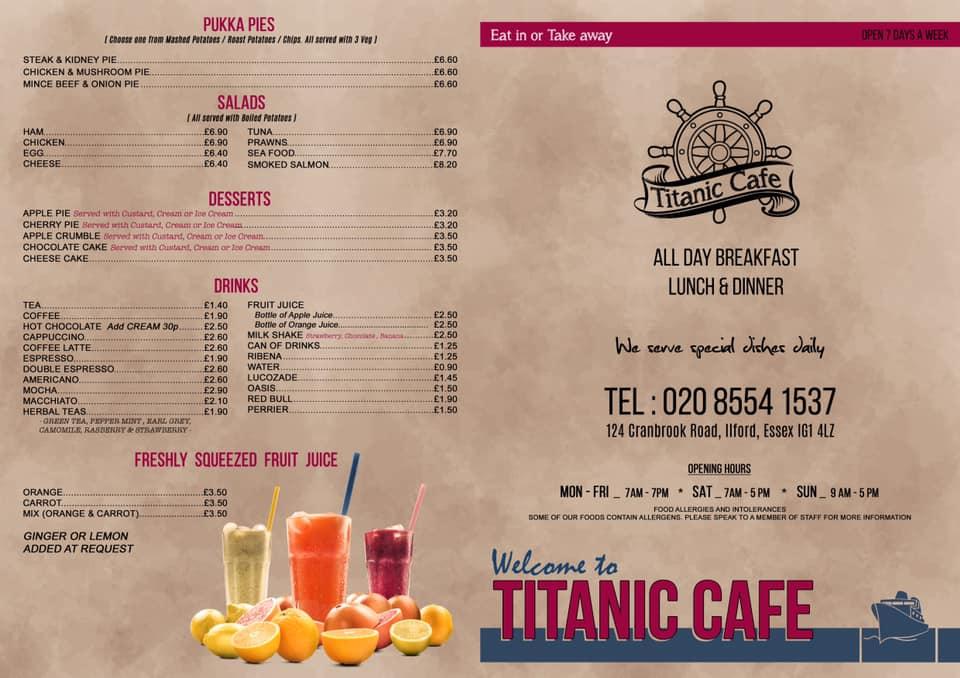 Menu at Titanic Cafe Ilford, Ilford, 124 Cranbrook Rd