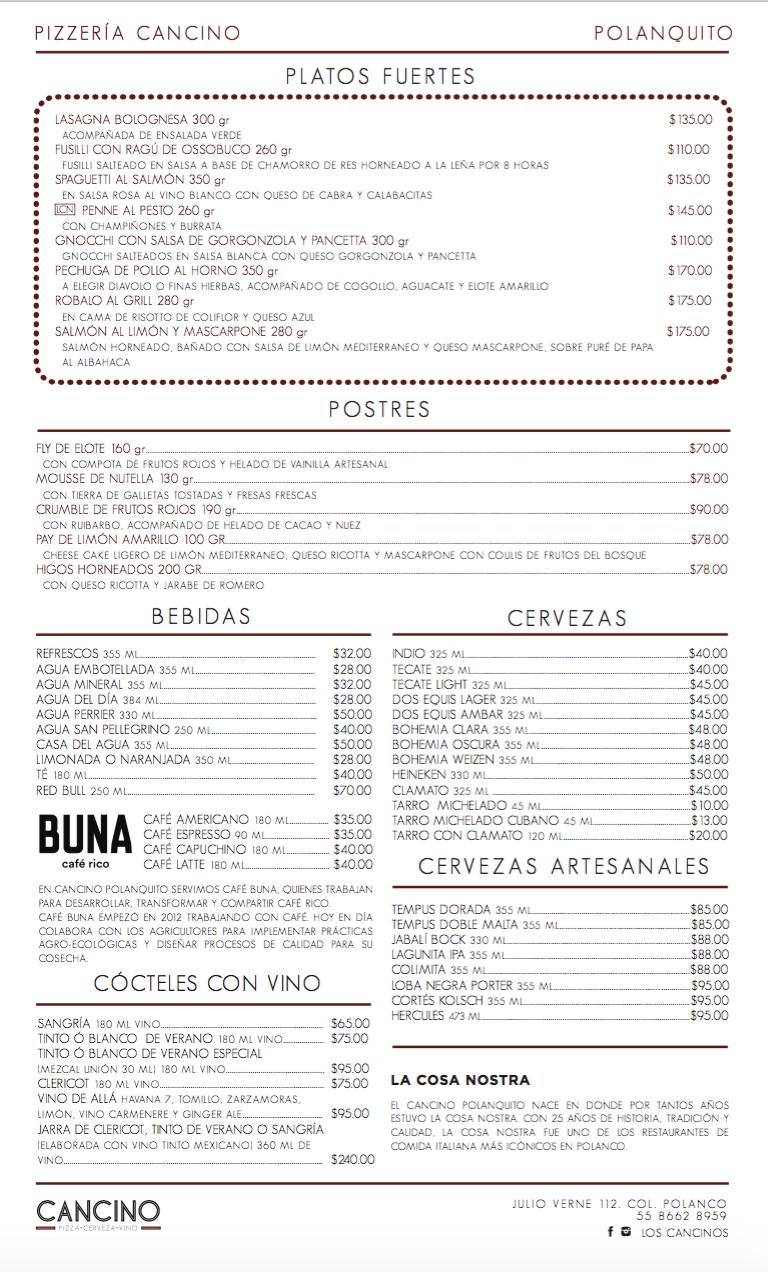 Carta del restaurante Cancino, Ciudad López Mateos, Julio Verne 112