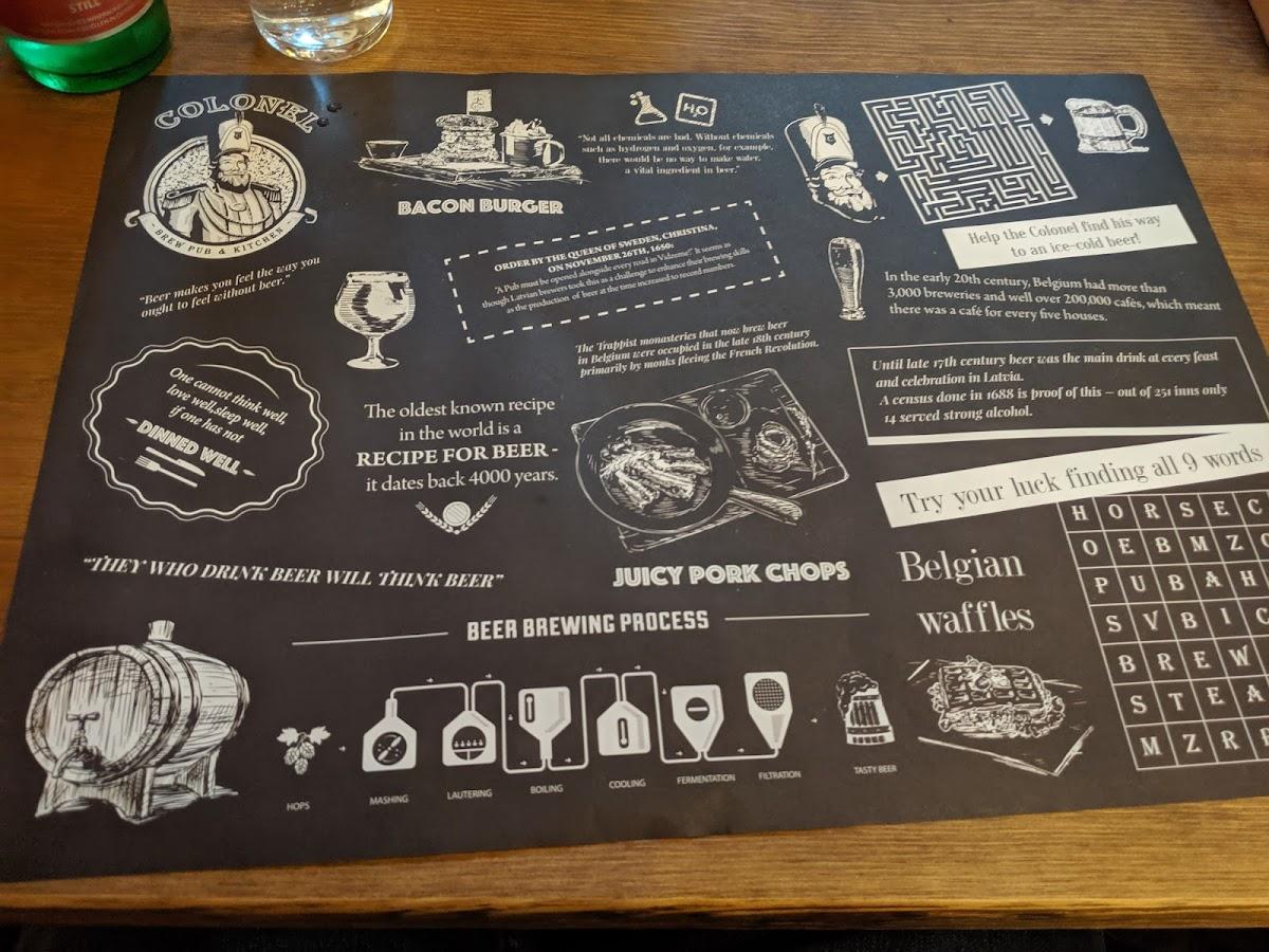 Menu at Colonel, restorāns restaurant, Riga