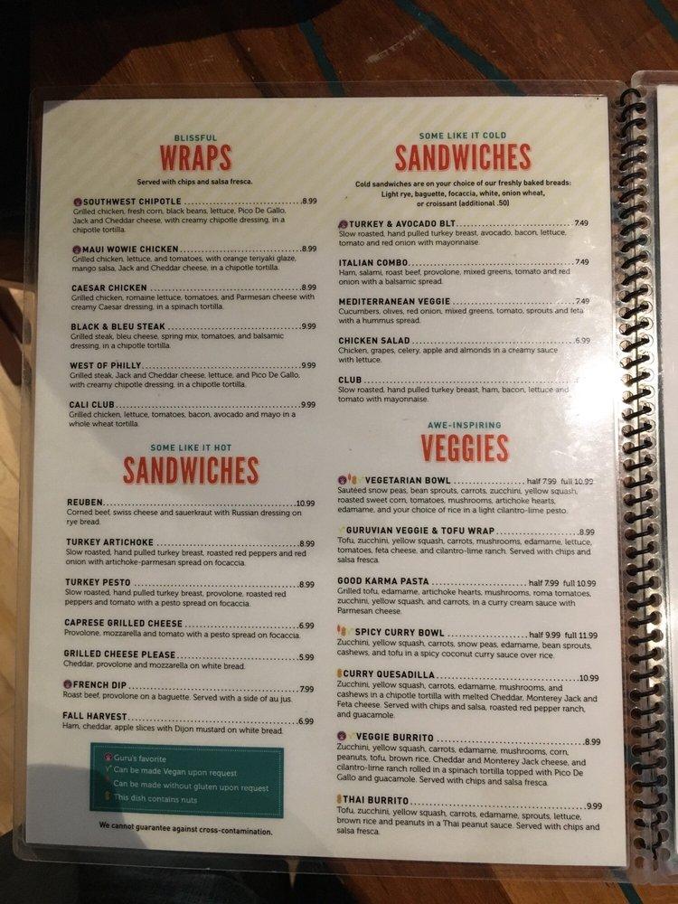 Menu at Guru's Cafe, Provo