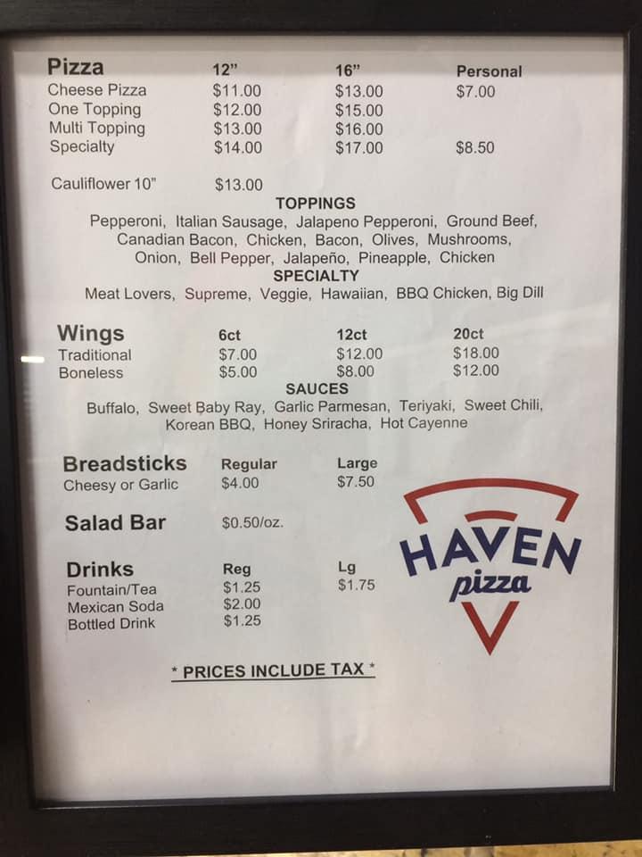 Menu at Haven Pizza restaurant, Yoakum