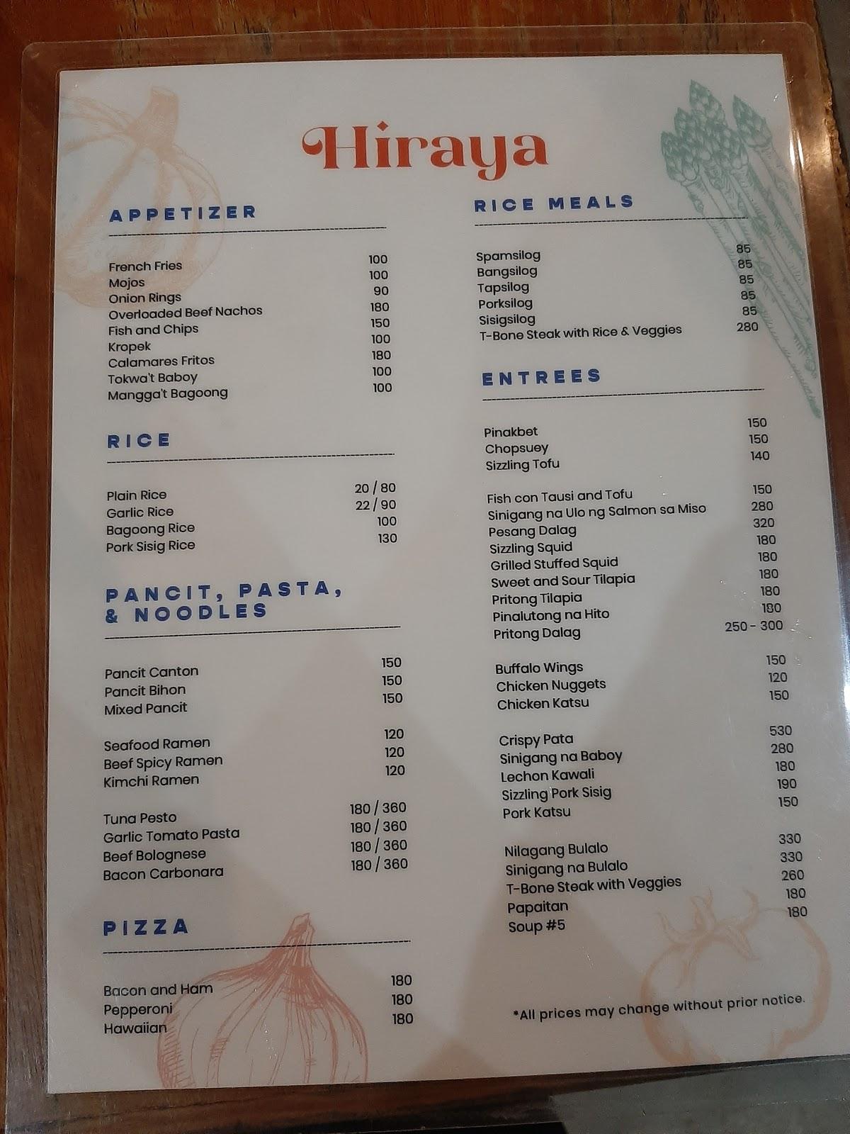 Carta de Hiraya Restaurant, Binangonan