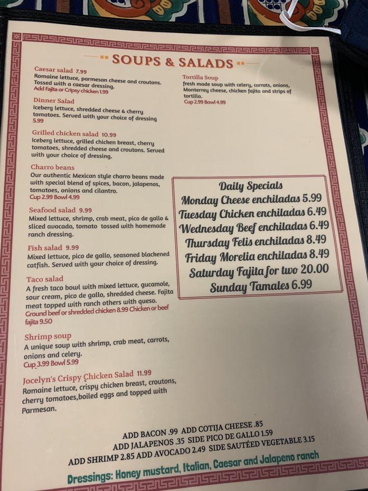 Menu at Jocelyn's Mexican Grill restaurant, Longview, 809 Pine Tree Rd