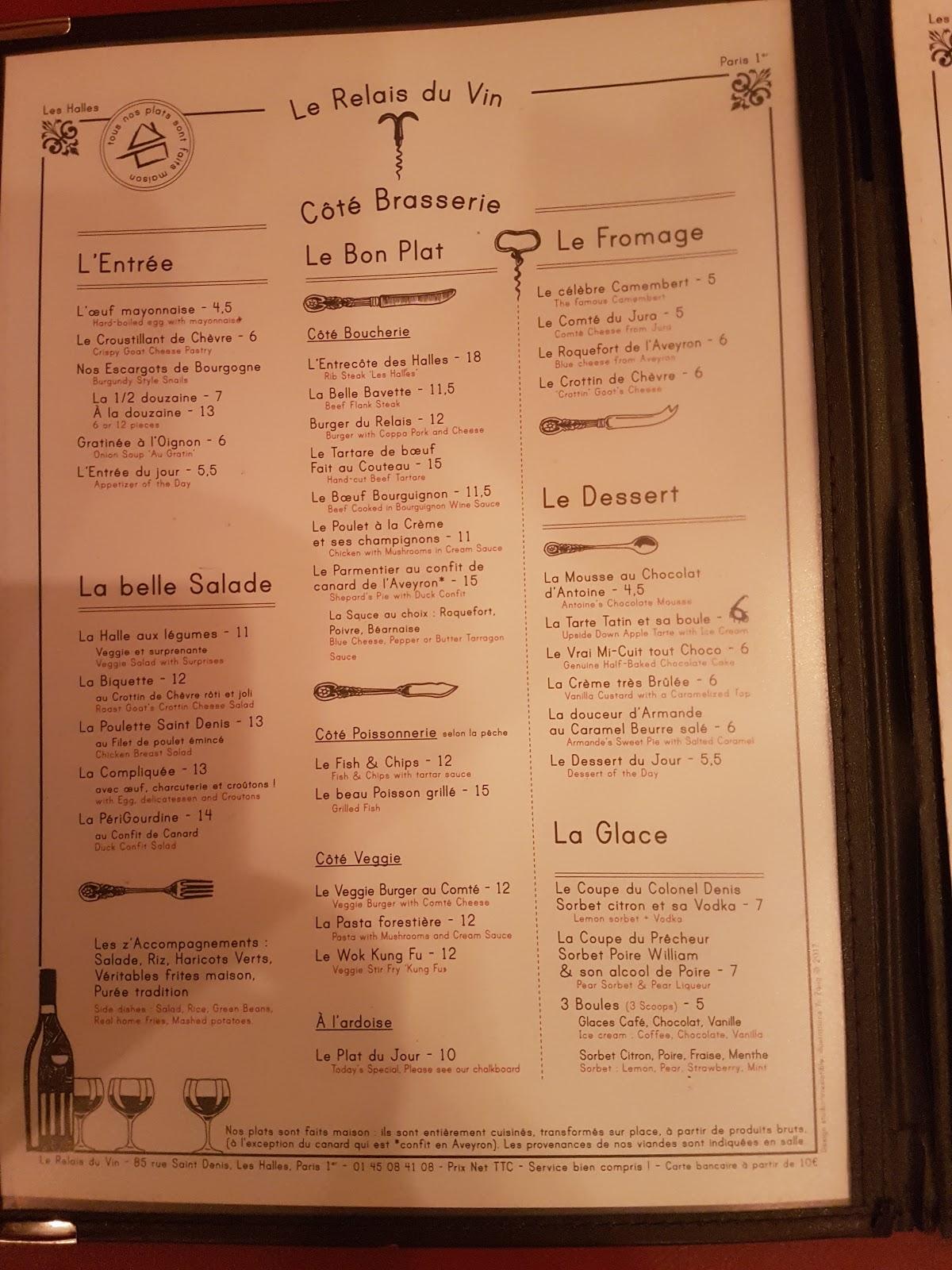 Carta del pub y bar Le Relais Du Vin, Paris, 85 Rue Saint-Denis